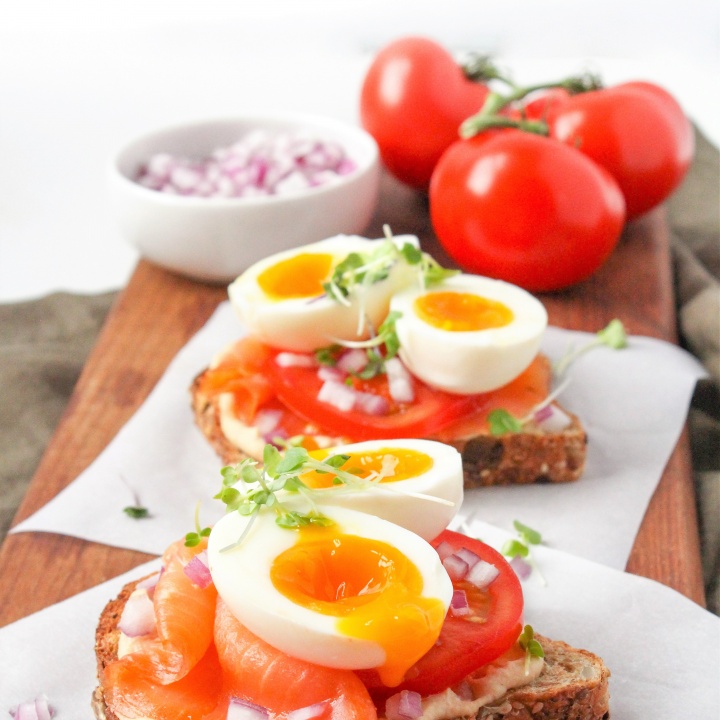 Easy Hummus Toast Recipe with Smoked Salmon and Soft Boiled Eggs