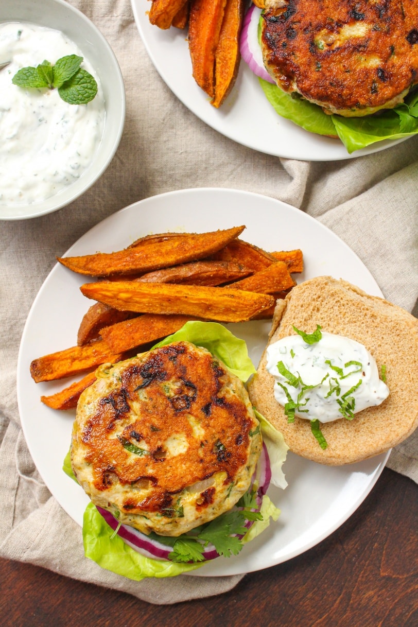 Curry Ground Turkey Burgers with Yogurt Sauce (Grilled or Pan)