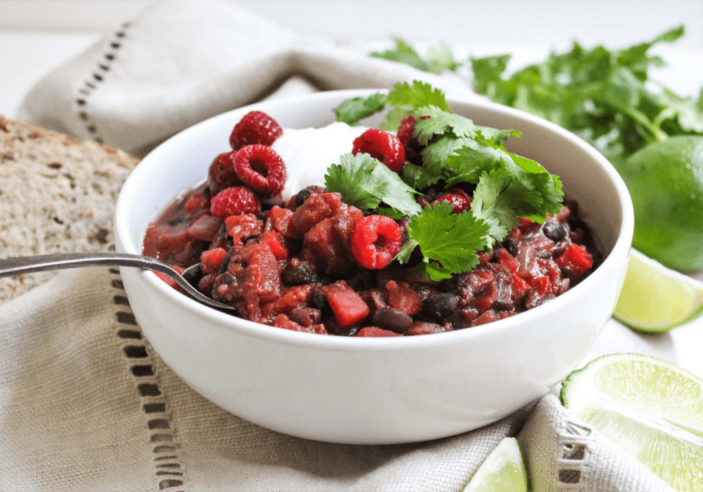 30-Minute Vegan Black Bean Chipotle Chili with Raspberries